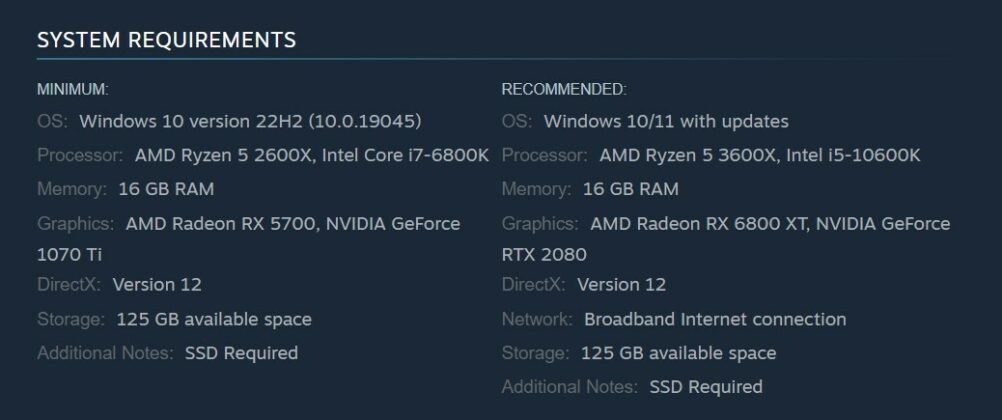 Starfield system requirements recommend an i5-10600K CPU, RTX 2080 ...